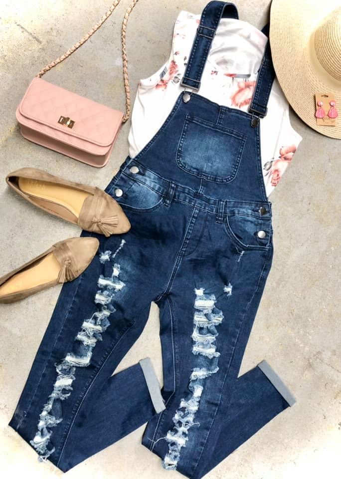 Dark Denim Distressed Overalls – Pink Lemonade